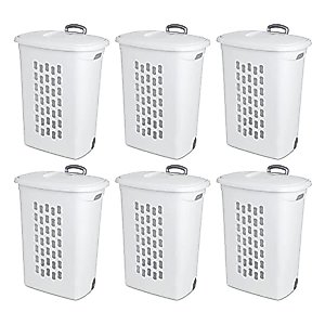 Sterilite Rectangular Plastic Slim Laundry Hamper Basket Bin with Wheels, Lift Top, and Pull Handle for Easy Transportation, White, 6 Pack