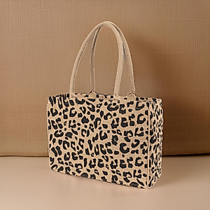 KAF Home Jute Market Tote Bag with Leopard Print, Durable Handle, Reinforced Bottom and Interior Zipper Pocket, Generous capacity, 12.5" tall x 17" wide x 7" deep