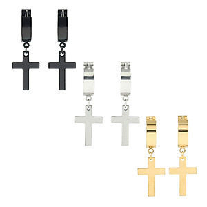 Szory 3 Pairs Stainless Steel Cross Earrings for Men Women Dangle Hoop Earrings Silver Gold Black