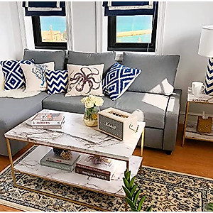 roomfitters 35” Faux Marble Coffee Table, Marble Top Rectangular Coffee Table, Center Table with Gold Metal Frame, 2 Tier Living Room Table, Cocktail Table with Storage for Living Room