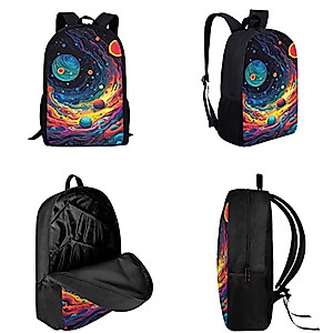STUOARTE Cartoon Space Backpack with Lunch Box Planet Backpack for Girls Boys Kids Dreamy Outer Space School Backpack with Lunch Box and Pencil Bag, Preschool Elementary Student Bookbag
