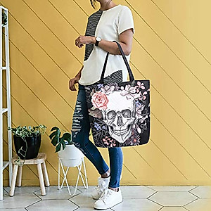 Naanle Day of The Dead Canvas Tote Bag Large Women Casual Shoulder Bag Handbag, Floral Skull Reusable Multipurpose Heavy Duty Shopping Grocery Cotton Bag for Outdoors.