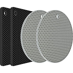 Y6S 4Pcs Silicone Trivet Mats Anti-Slip Square Round Hot Pads Heat-Resistant Hot Holders Spoon Dishes Rest Pad Easy to Wash and Dry BPA Free Dishwasher Safe for Kitchen Counter Y6S(Black and Gray)