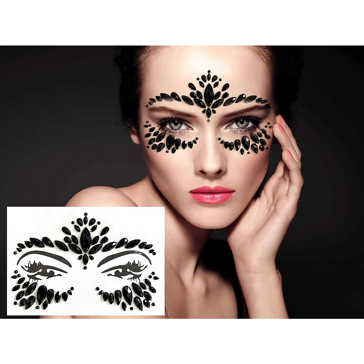 Kotbs Face Jewels, 4-Sheet Black Face Gems Mermaid Face Jewels Festival Sticker, Body Rhinestone Gems Rave Rainbow Face Crystals for Halloween Music Carnival Festival Party Makeup