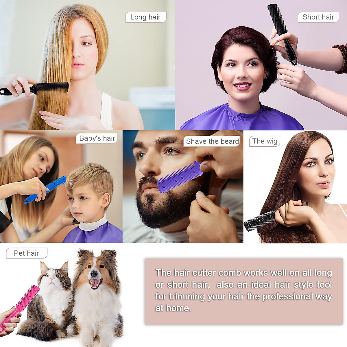 5Pcs Professional Trimmer Razor Dual Side Scissors for Hair Thinning, Slim Haircuts & Barber Grooming - Comb, Brush, Double Edge Blade in 5 Colors