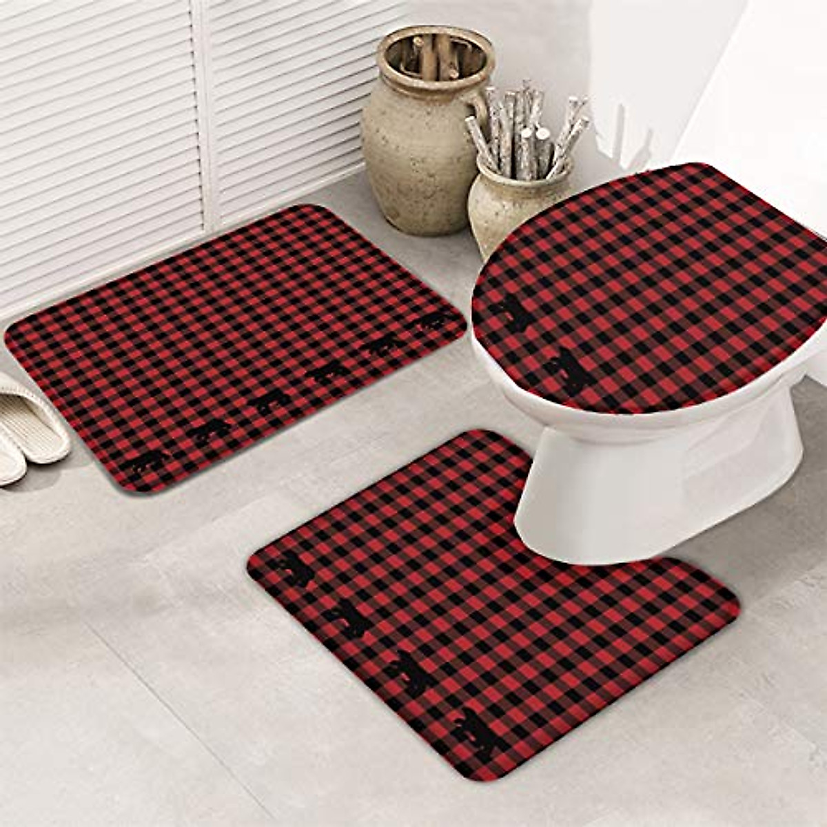 Bath Rugs for Bathroom Set 3 Piece-Buffalo Check Plaid Bear Black and Red,Non-Slip Washable Memory Foam Absorbent Bath Mat Runner Rugs for Tub Shower,U-Shaped Toilet Floor Mats,Toilet Lid Cover
