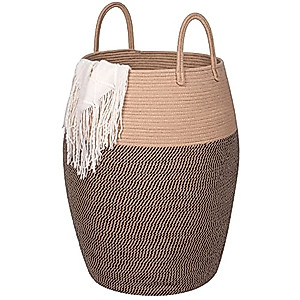 MINTWOOD Design Extra Large 25.6 Inches High Decorative Woven Cotton Rope Basket, Tall Laundry Hamper with Handles, Blanket Basket Living Room, Storage Baskets for Toys, Throws, Pillow, Black Jute Mix