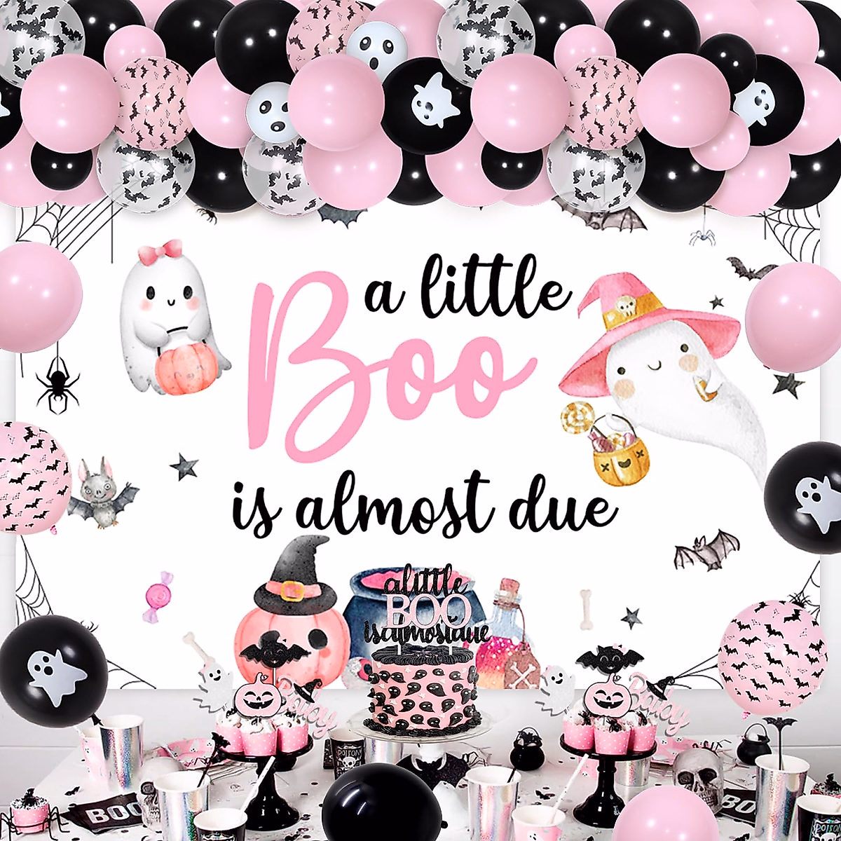 A Little Boo is Almost Due Halloween Baby Shower Decorations for Girl Pink and Black Balloon Garland Arch Kit Backdrop Tablecloths Cake Topper Bat Ghost Foil Balloons for Halloween Table Decorations