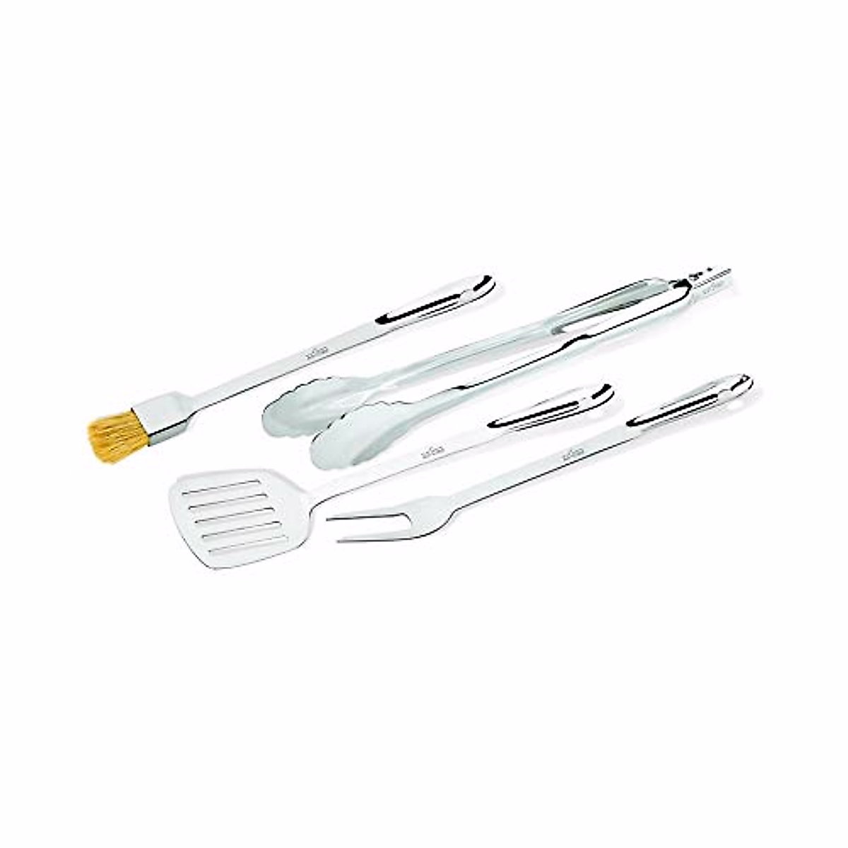 All Clad BBQ Tool Set, Grill Accessories, 4 Pieces: Fork, Brush, Locking Tongs and Turner. Stainless Steel, Silver