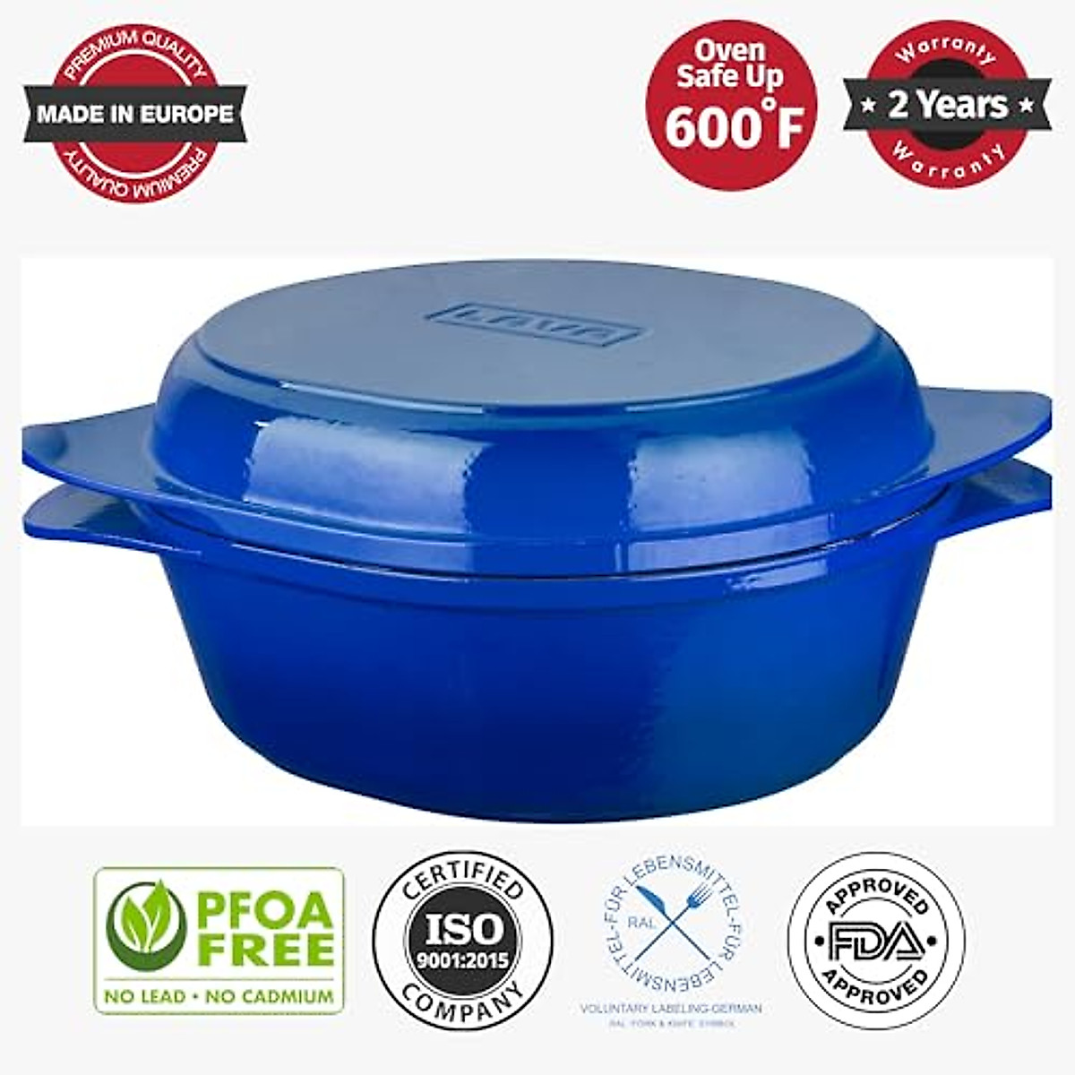 Lava Cast Iron Artisan Bread Baker, Enameled Cast Iron Bread Oven, Rectangle Loaf Pan, Sourdough, Italian, French Bread Baking Pan, Bread Kit with Lid (Blue, 9.5" by 10.5")