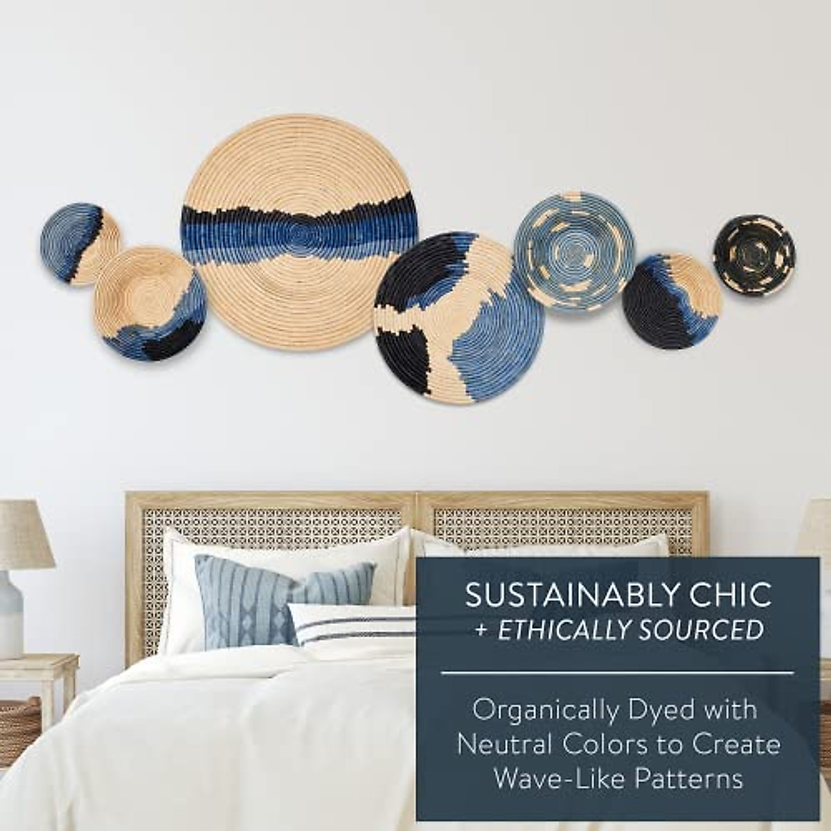 KAZI Decorative Baskets, Wall & Home Decor, Fruit Bowl and Storage Basket, Artisan-made with Raffia, Eco-friendly by African Artisans, Set of 7 (Coastal Blues - Grand Wall Statement Set)