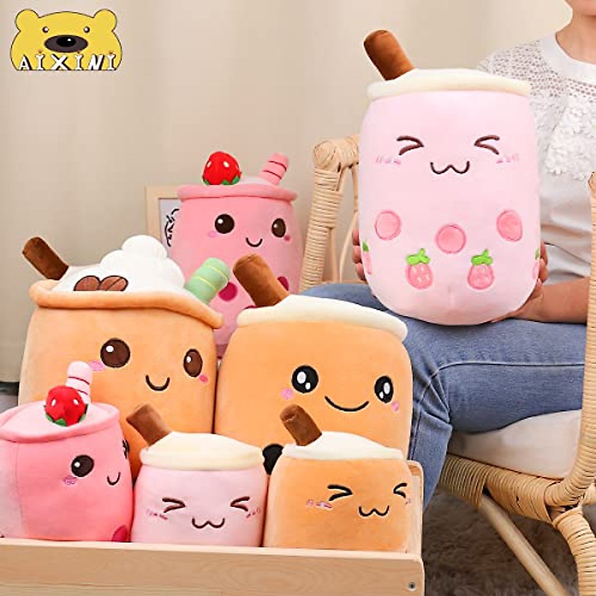 AIXINI 19.6 inch Boba Plush Stuffed Bubble Tea Plushie Cartoon Milk Tea Cup Pillow Big, Soft Kawaii Pillow