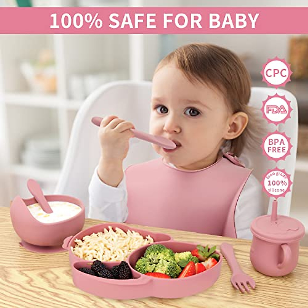 Puxdiauk Silicone Baby Feeding Set, 6 Pcs Baby Led Weaning Supplies with Rabbit Suction Plates, Toddler Bowls Forks and Spoons Bib Cup, Sturdy and NO-BPA for Kid, Dark Pink