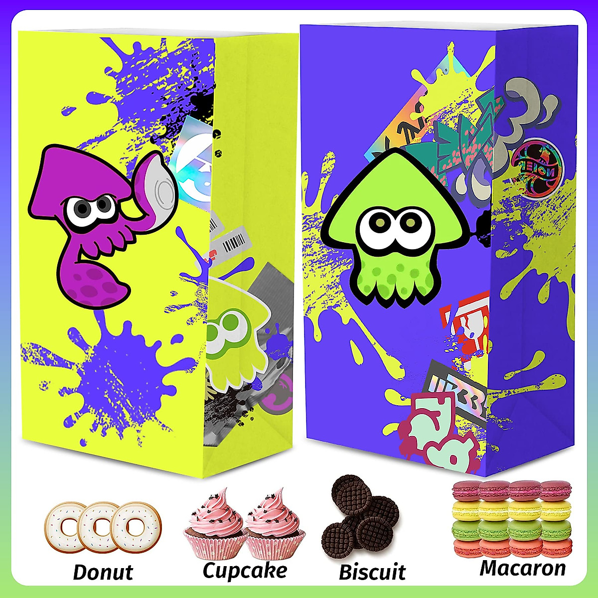 HOMEZZO 24 Pcs Splatoon Party Favor Gift Bags - Slime Candy Bags Goodie Bags with Squid Stickers for Splatoon Party Decorations Slime Party Supplies