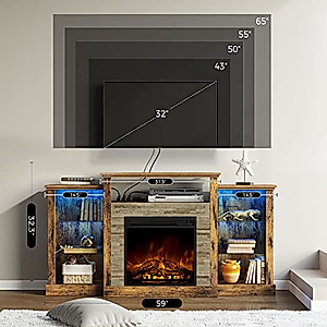 Rolanstar Fireplace TV Stand with Led Lights and Power Outlets, TV Console for TVs up to 65", Entertainment Center with Adjustable Glass Shelves, Rustic Brown