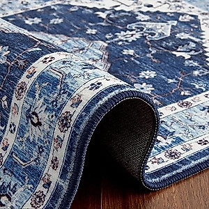 COZYLOOM Ultra-Thin Washable Rug 5x7 Non-Slip Rug Indoor Medallion Distressed Floor Carpet for Living Room Bedroom Oriental Floral Throw Carpet Non-Shedding Foldable Low Pile Floor Cover Blue