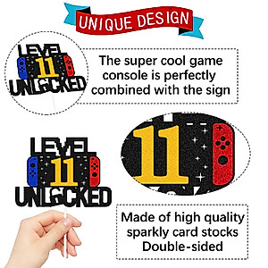 Level 11th Unlocked Sign Cake Topper Happy 11th Birthday Level Up Eleventh Cake Decorations for Video Game Controller Themed Kids Boy Girl Bday Party Supplies Double Sided