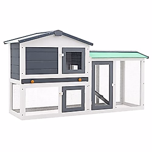 vidaXL Solid Wood Outdoor Large Rabbit Hutch Small Animal Enclosure House Pet Cage Habitat Garden Patio Protection Safety Gray and White