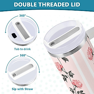 Adornlife Pink Striped Rose 30 oz Tumbler with Handle and Straw Lid, 100% Leak-proof Travel Coffee Mug, Stainless Steel Insulated Cup For Beverages, Cupholder Friendly