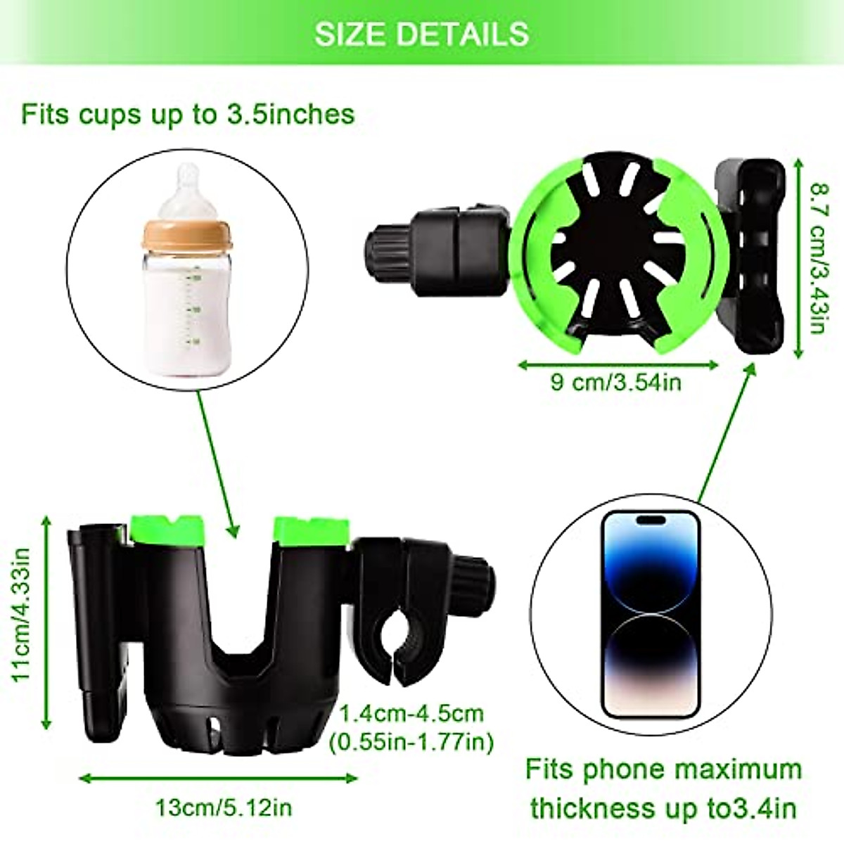 Universal Stroller Cup Holder with Phone Holder - 2-in-1 Fit for Uppababy Doona Nuna Jogger Graco Britax Bugaboo and More, Wheelchair Walker Bike Accessories, Gifts for Women Mom Men, Green