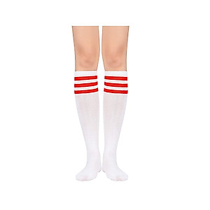 Komorebi Women's Knee High Athletic Socks Stripes Tube Sport Socks Soft Strench High Socks for Women Outdoor White Red One Size