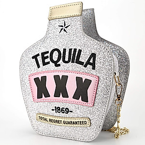 QiMing Tequila Bottle Shaped Laser Shoulder Handbags,Pu Crossbody Purse for women(Silver B)