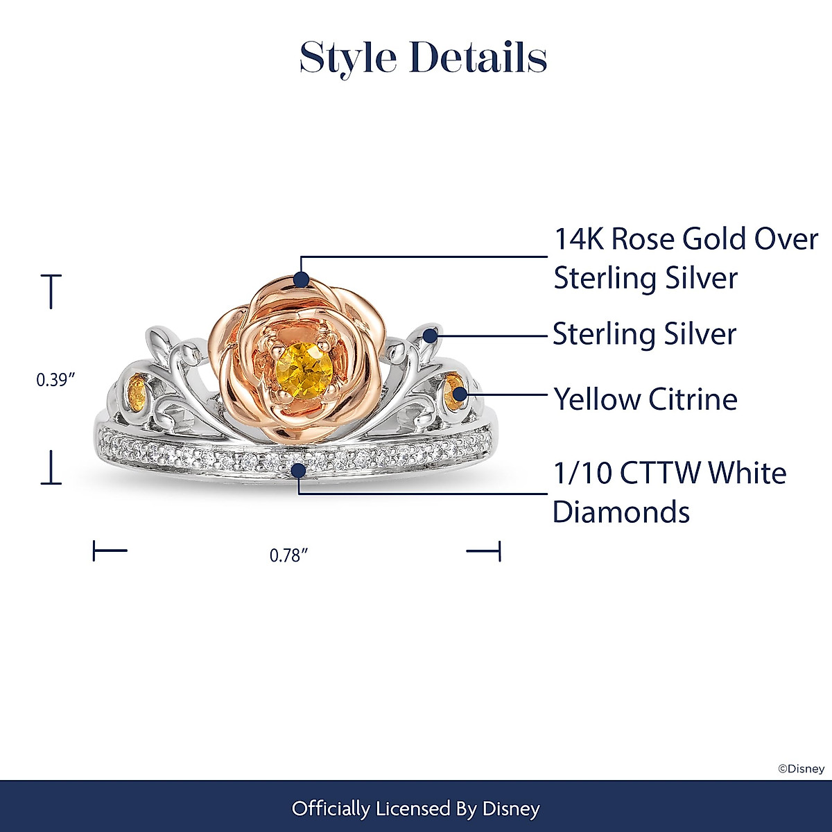 Disney Princess Belle Inspired Rose Ring with 1/10 CTTW Diamonds and Yellow Citrine in 14K Rose Gold over Sterling Silver Size 7 by Jewelili | Enchanted Disney Fine Jewelry