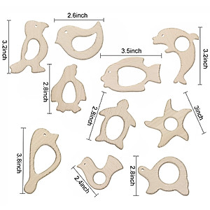 Penta Angel 10Pcs Wood Teething Rings Pain Relief Natural Wood Teething Toys Wooden Teether Animals for Infant Toddler, Turtles Swallows Dolphins Starfish Pigeons Birds Woodpeckers Fish Turtle