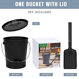 INNO STAGE Ash Bucket with Lid and Wood Handle Coal Shovel, Ash Carrier Pail Fireplace Tools,Fire Pit,Wood Burning Stove Black