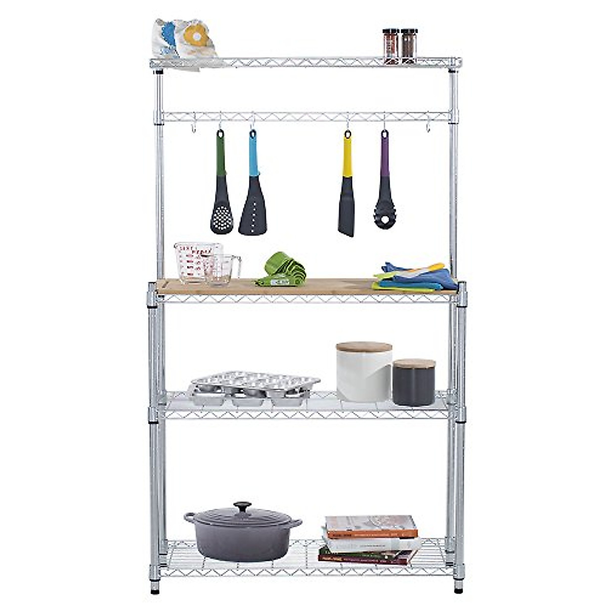 TRINITY EcoStorage Bakers Rack and Pantry Organizer with 3 Shelves, Removable Bamboo Work Surface, and Hooks for Kitchen Organization and Food Preparation, Chrome, 36” W x 14” D x 60” H