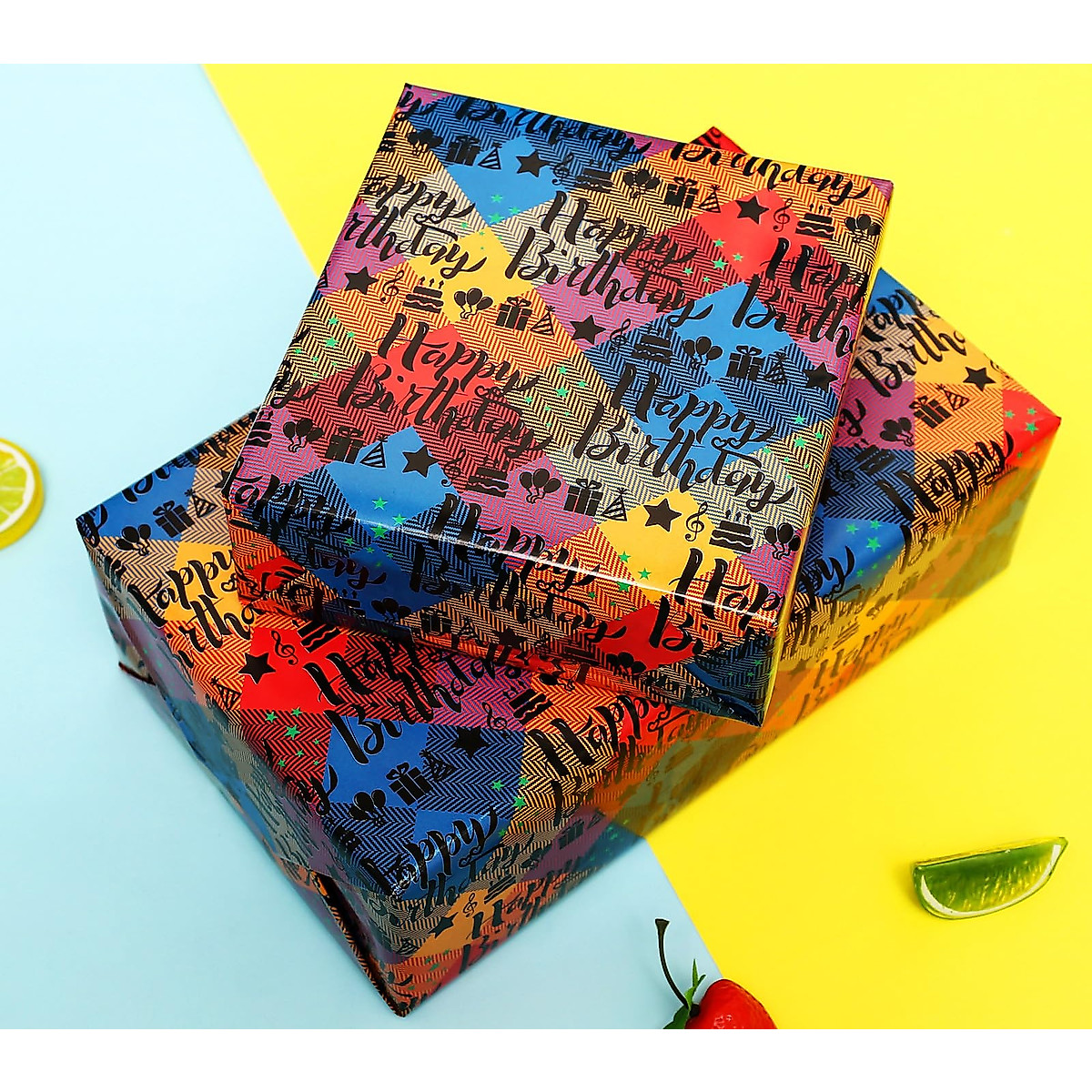 BOLIANNE Birthday Wrapping Paper for Women Men with Cut Lines - Birthday Gift Wrap with Happy Birthday Lettering for Boys Girls Kids - 3 Large Sheets, 27 X 39.4 Inch