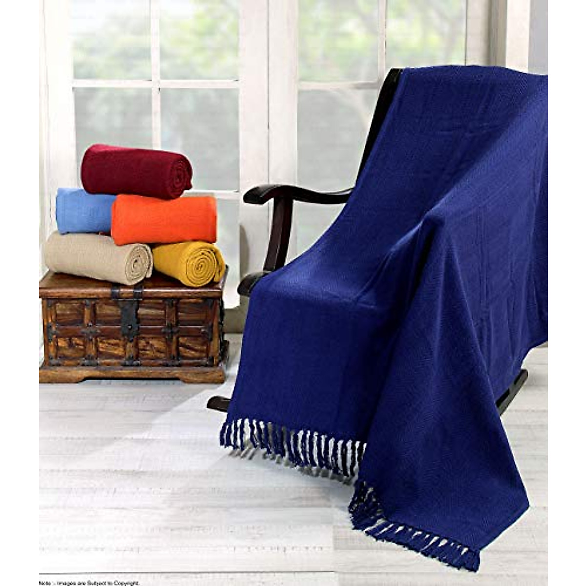 Luxurious Hand Woven Cozy Warm 100% Combed Cotton All Season Indoor Outdoor Light Weight Fade Resistant Couch Chair Bed Throw Blankets Batik 50x60 Inch Set of 2 (Navy)
