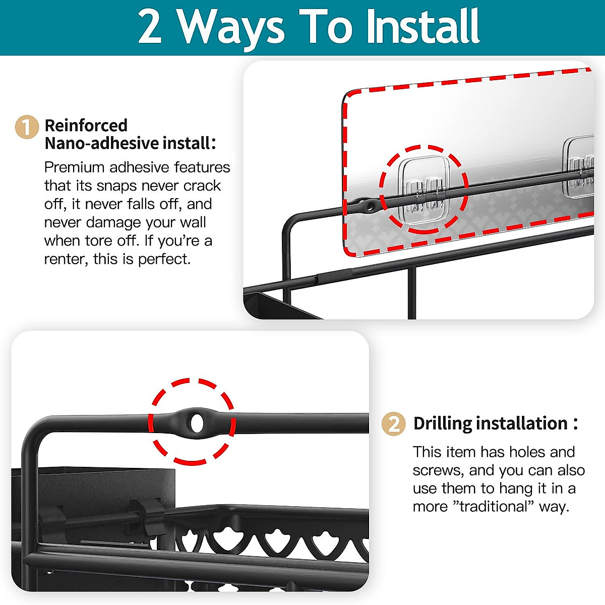 Tamomic Hanging Spice Rack Wall Mount, Over Stove Spice Organizer Shelf with Wall Hanging Utensil Holder 6 Hooks for Kitchen, Black