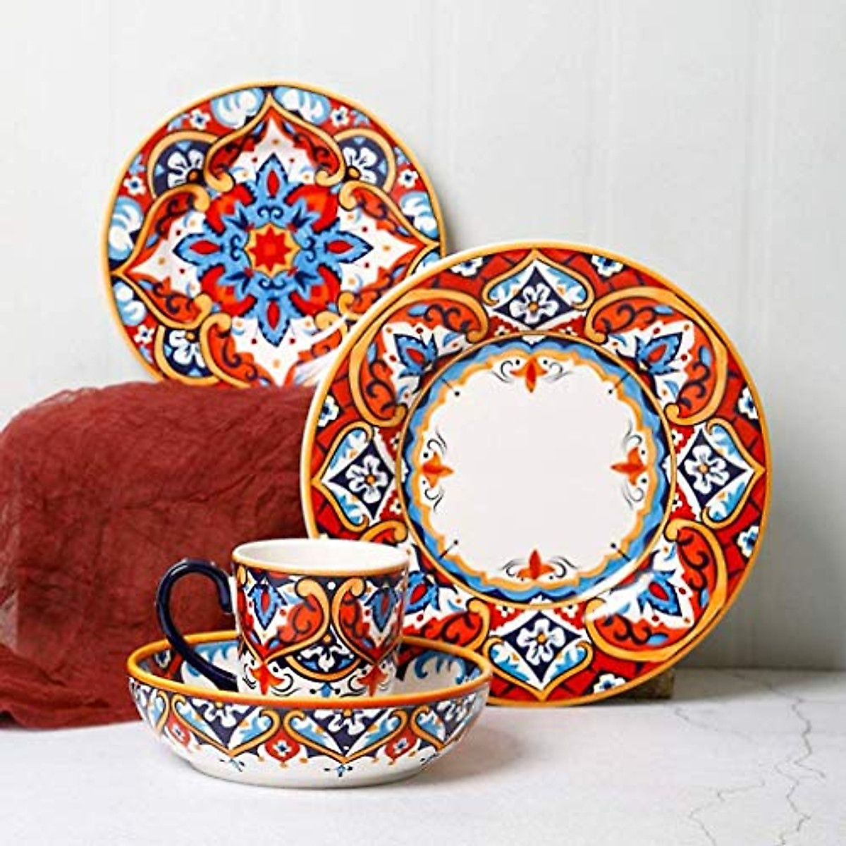 Fine Dinnerware Set,4 Pieces Rustic Style Red Vintage Pattern Ceramic Tableware Porcelain Plate Bowl Mug Dinner Gift