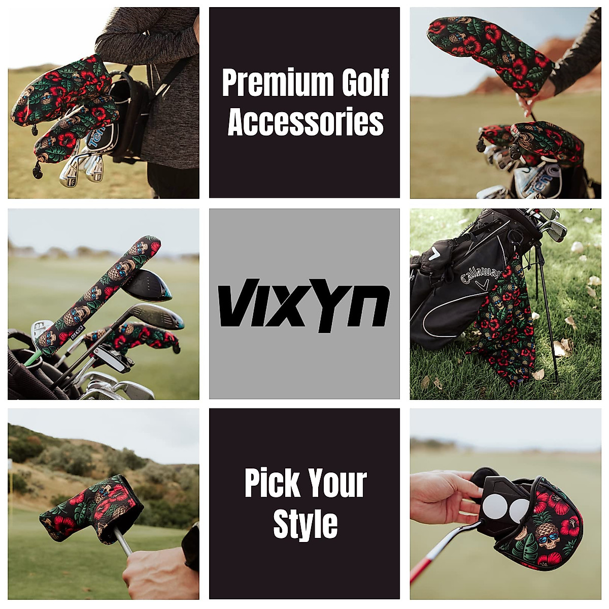 VIXYN Golf Head Covers - 3 Pack Golf Club Covers for Driver, Woods and Hybrid - Driver Headcover to Fit All Golf Clubs (Pineapple Skull)