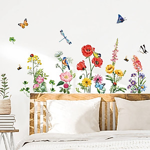 decalmile Garden Flower Wall Stickers Birds Butterflies Poppy Flower Wall Decals Baby Nursery Kids Bedroom Living Room Wall Decor