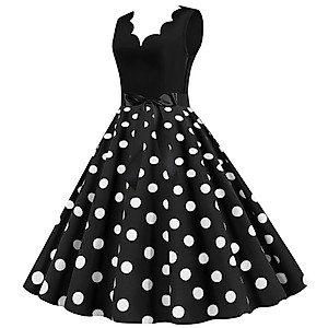 Keiqueen Women's Vintage Polka Dot Dress V Neck Sleeveless Retro Cocktail A-line Dress Prom Swing Party Dresses with Belt (Black,Medium)