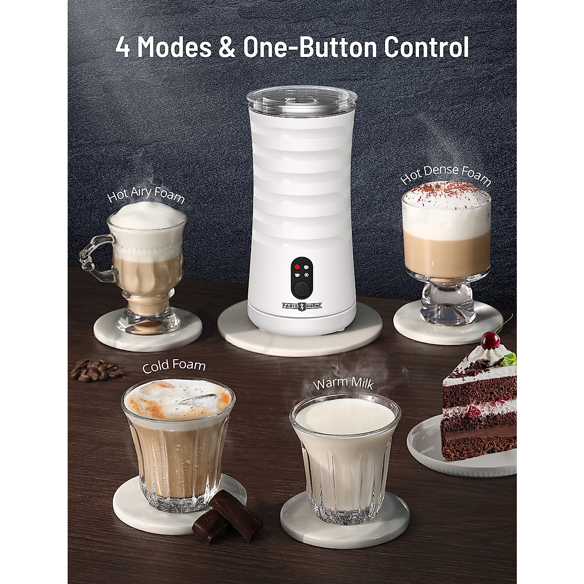 Paris Rhône Milk Frother, 4-in-1 Milk Frother and Steamer, ErgonomicStylish Design, Hot & Cold Milk Steamer with Temperature Control, Auto Shut-Off Frother for Coffee, Latte, Cappuccino, Macchiato