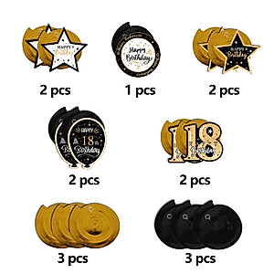 Nelbiirth Happy 18th Birthday Black & Gold Glitter Swirls Streamers Party Decorations - 15 Pcs 18th Birthday Hanging Swirls Streamers Kit,Cheers to Eighteen Years Old Bday Party Sign.