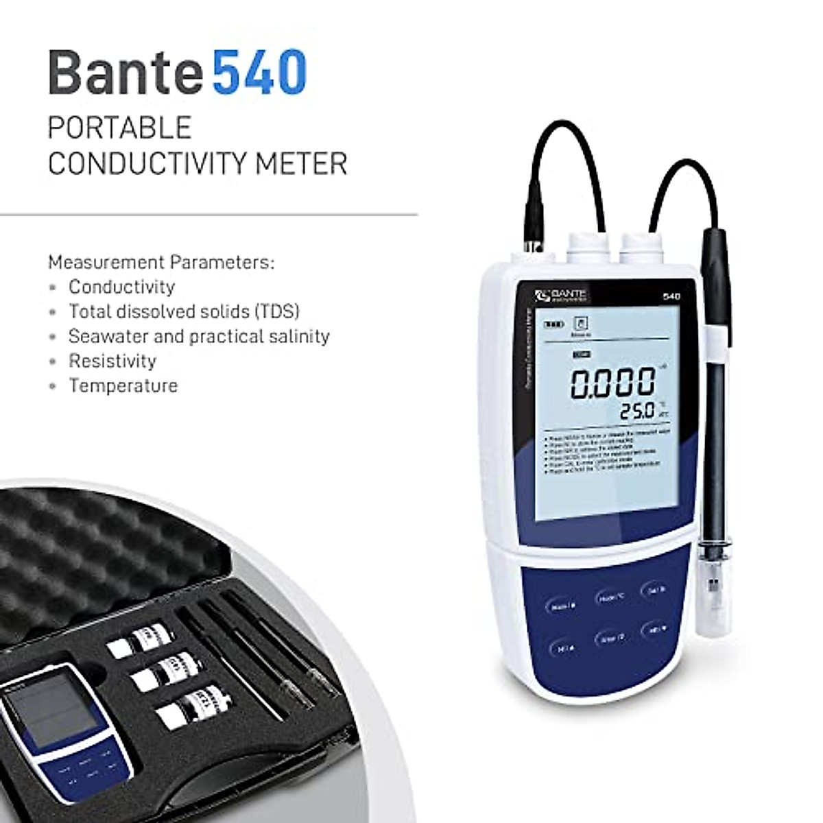 Bante 540 Portable Conductivity Meter | Resistivity, Conductivity, TDS, Salinity Meter | 0 to 200 mS/cm Range, ±0.5% Accuracy | Suitable for Sea Water Salinity and Routine Conductivity Measurements