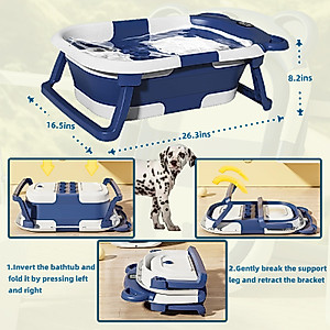 Foldable dog pet Bathtub.26.3x16.5x8.3 portable bathtub for Puppy,dog tub with thermometer and soft mat(Blue)