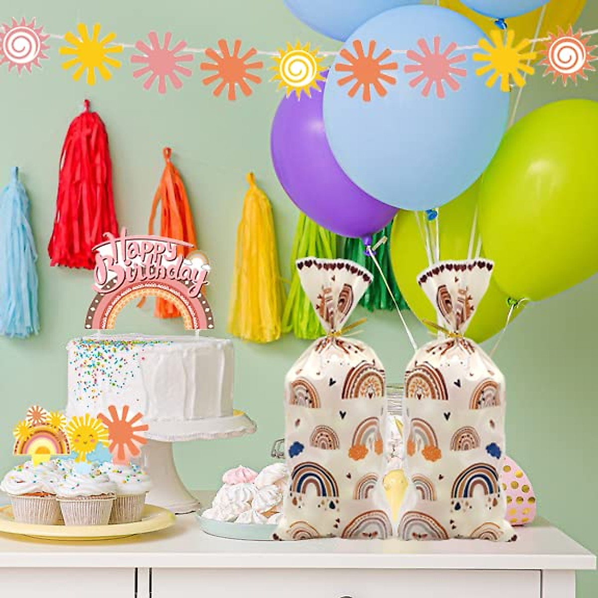 100Pcs Boho Rainbow Party Decorations Cellophane Bags Groovy Goodie Bags Treat Bags Baby Shower Candy Gift Bags Hippie Party Favors with 100 Pcs Gold Twist Ties for Birthday Wedding Themed Party