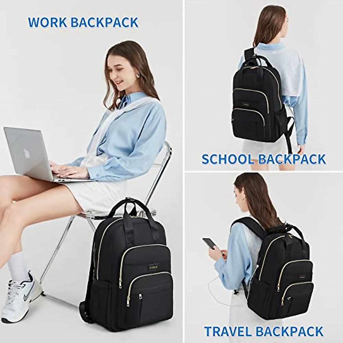 WISEILD Laptop Backpack for Travel Daypack Teacher Work Backpack with USB Port, Fits 15.6 Inch Laptop(Black)