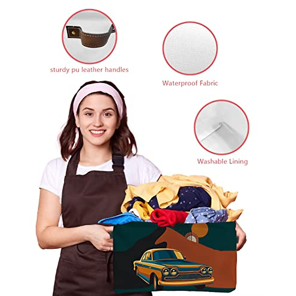 Storage Basket Boho Driving Car and Mountain Storage Bin with Handles,Abstract Geometry Arch Sun Collapsible Organizer Storage Cubes Bins for Closet,Laundry Clothes,Bathroom,Nursery Toys