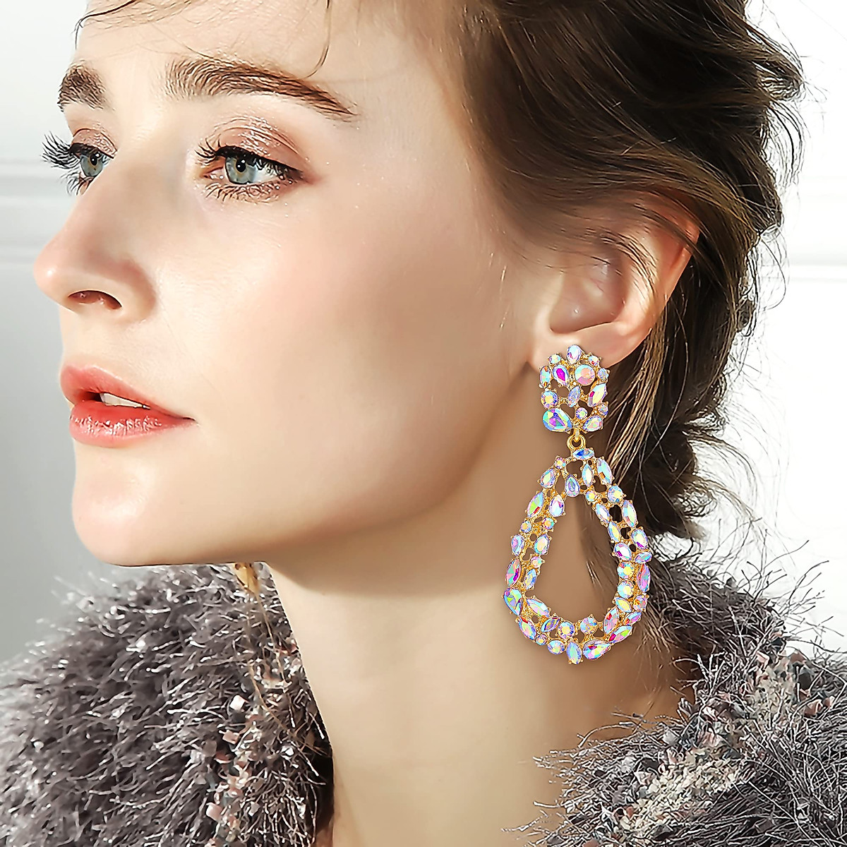 Flyonce Women's Crystal Open Hoop Oval Drop Pierced Dangle Earrings Iridescent Clear AB Gold-Tone