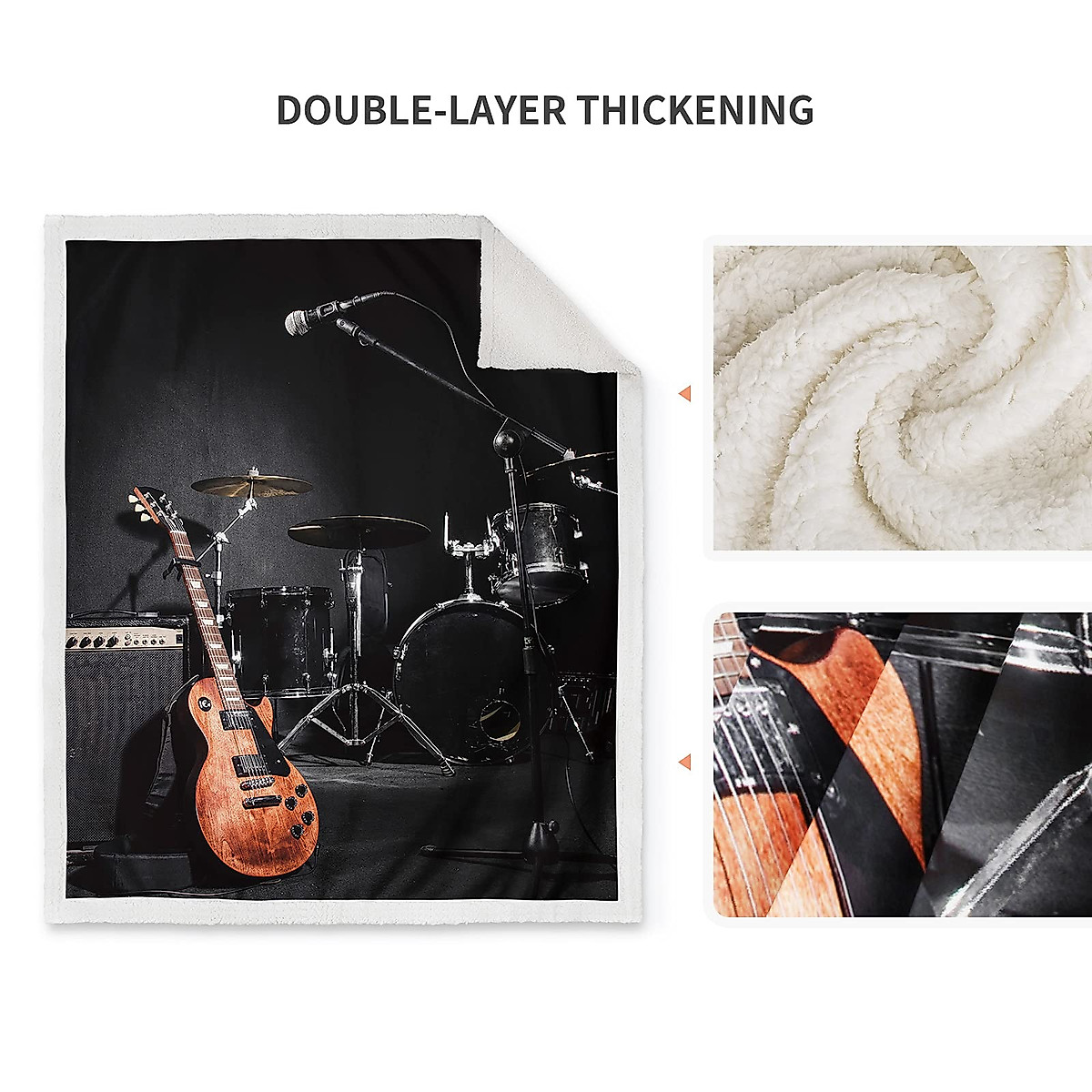 Jekeno Guitar Drum Kit Sherpa Blanket Rock Music Themed Warm Cozy Soft Throw Blanket for Music Enthusiast Adults Kids Boys Gift Sofa Bed Living Room Decor 50"x60"