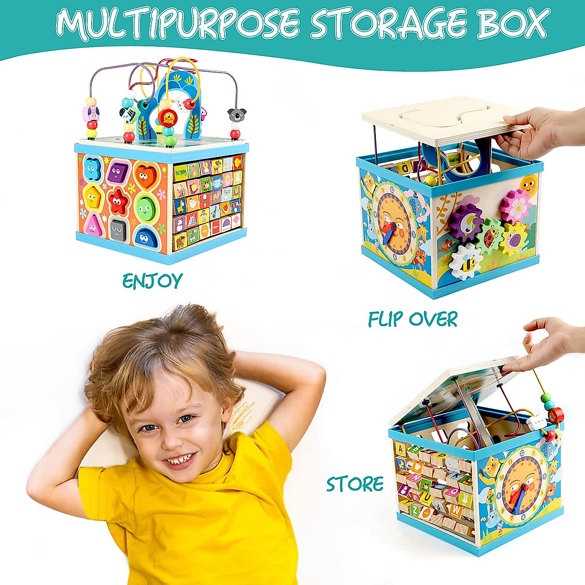 Qilay Wooden Activity Cube for Toddlers 1-3, 5 in 1 Multipurpose ABC-123 Abacus Early Educational Montessori Toys, Learning Toys for 1 2 3 Year Old | Bead Maze, Great for Boys Girls Toddlers