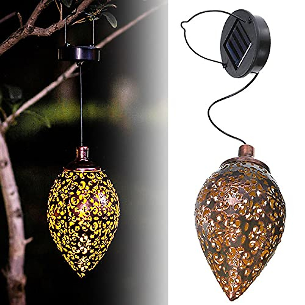 HuiDao Hanging Solar Lights Outdoor Waterproof Decorative Solar Garden Lantern LED Hanging Metal Olive Shape Lamp for Garden Patio Yard Lawn Path Decor (Hanging Style)