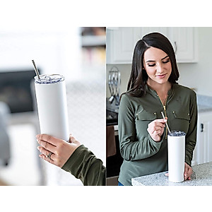 SKINNY TUMBLERS (4 pack) 20oz Stainless Steel Double Wall Insulated Tumblers with Lids and Straws | Skinny Travel Mug, Straw Cleaner INCLUDED! Reusable Cup With Straw | Vinyl DIY Gifts (Matte White)