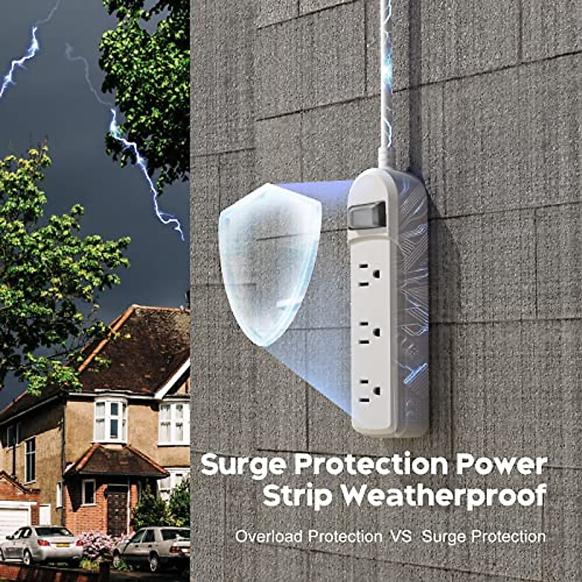 IPX6 Outdoor Power Strip Weatherproof Surge Protector, 9.2 Ft US-Patented Shockproof Extension Cord, 1875W Overloaded Protection Wall Mountable Flat Plug with 3 Outlets for Indoor and Outdoor
